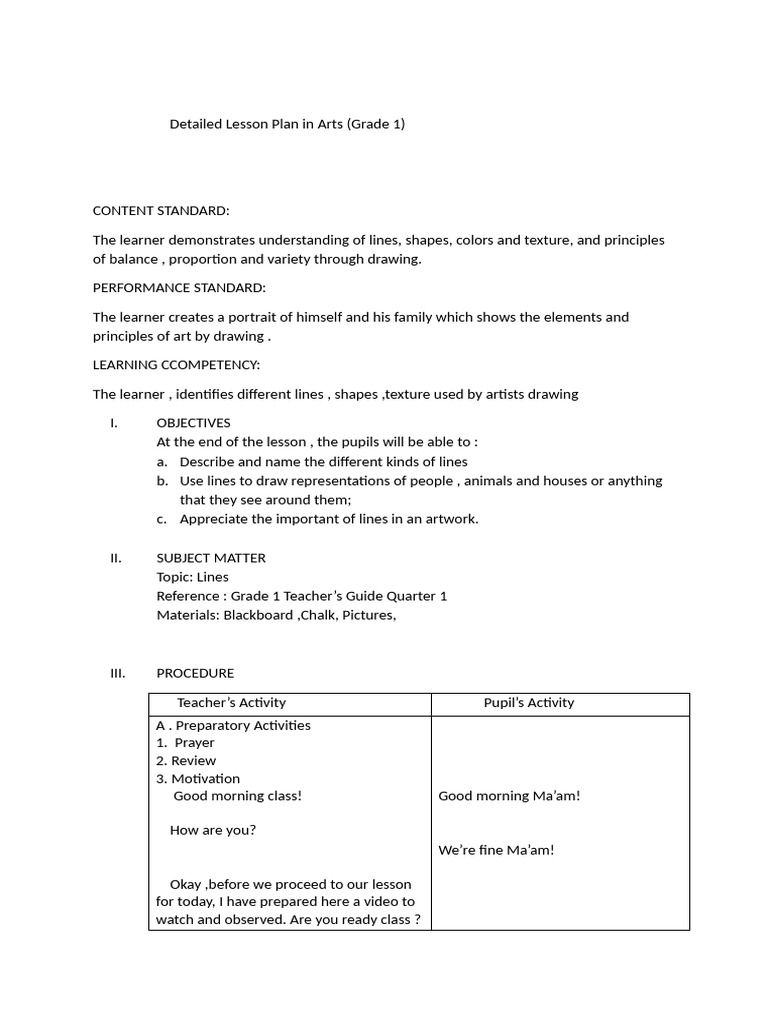 Detailed Lesson Plan in Arts | PDF | Learning | Lesson Plan
