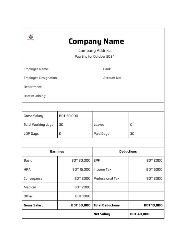 October 2024 Salary Slip Template | PDF