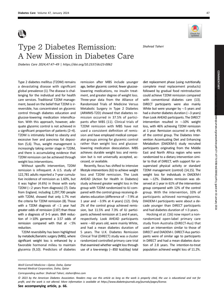 Type 2 Diabetes Remission: A New Mission in Diabetes Care | PDF ...