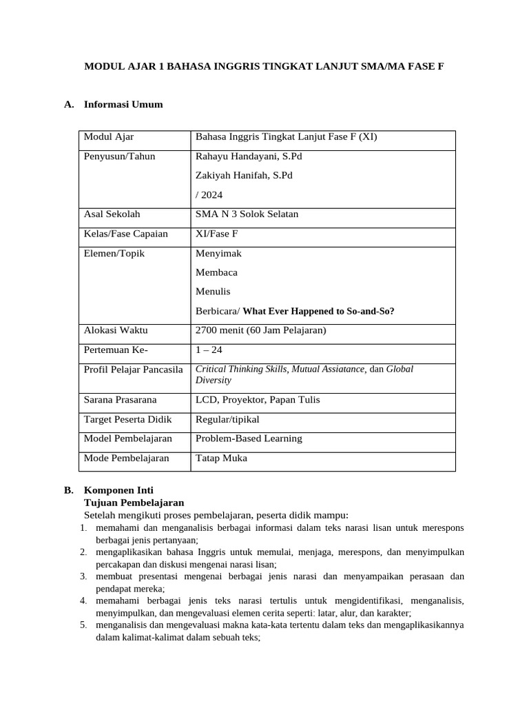 Modul Ajar I Bingg Xi Lanjutan - 015854 | PDF