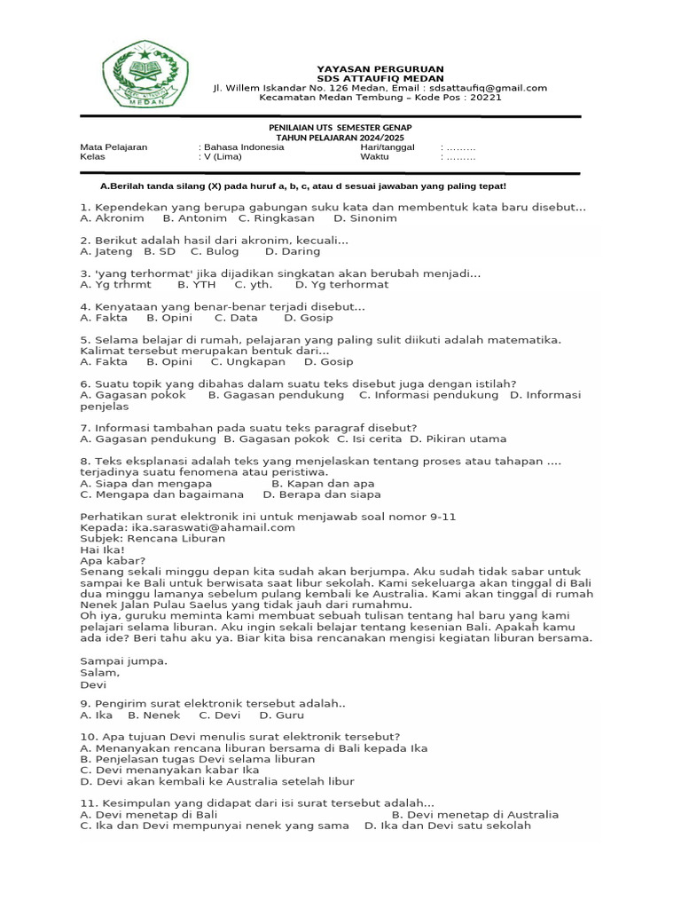 Soal UJIAN UTS GENAP Bhs. Indonesia Kelas 5 | PDF
