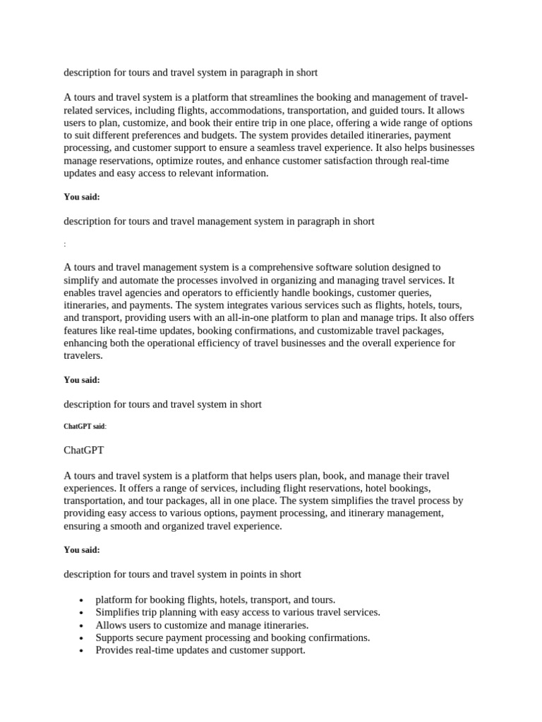 Description For Tours and Travel System in Paragraph in Short | PDF ...