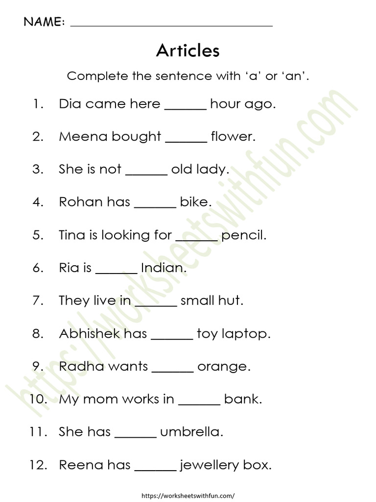 Articles Worksheet 7 | PDF