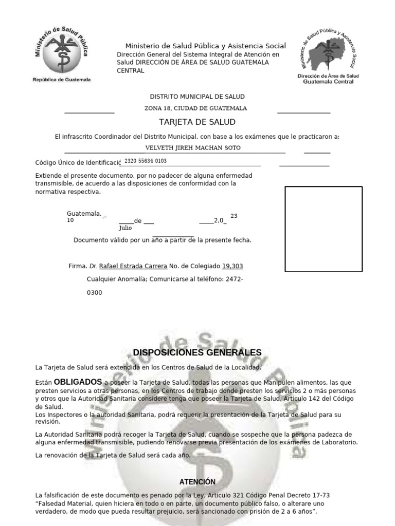 Tarjeta de Salud | PDF