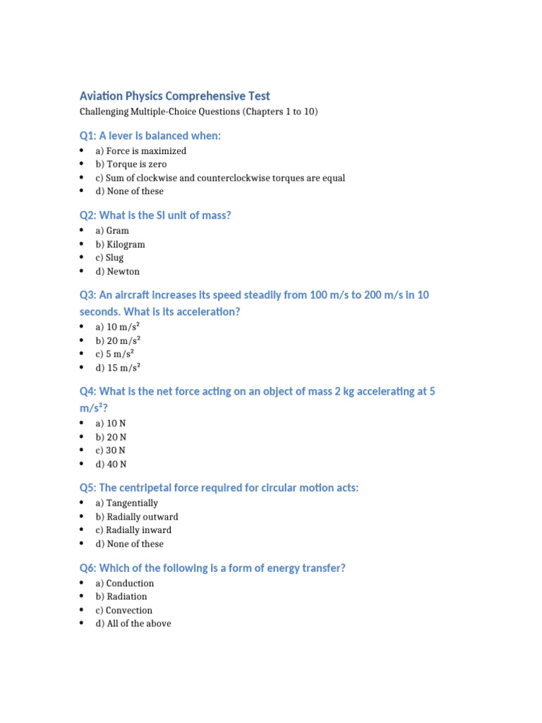Aviation_Physics_100_MCQs | PDF | Force | Kilogram