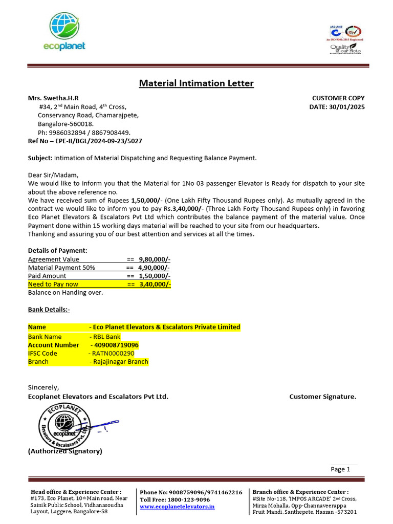 MR - swetha.H.R Intimation Letter | PDF