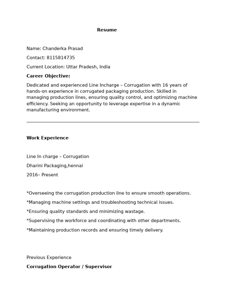 Corrugation Line Incharge Resume | PDF