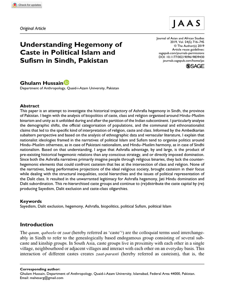 Hussain 2019 Understanding Hegemony of Caste in Political Islam and ...