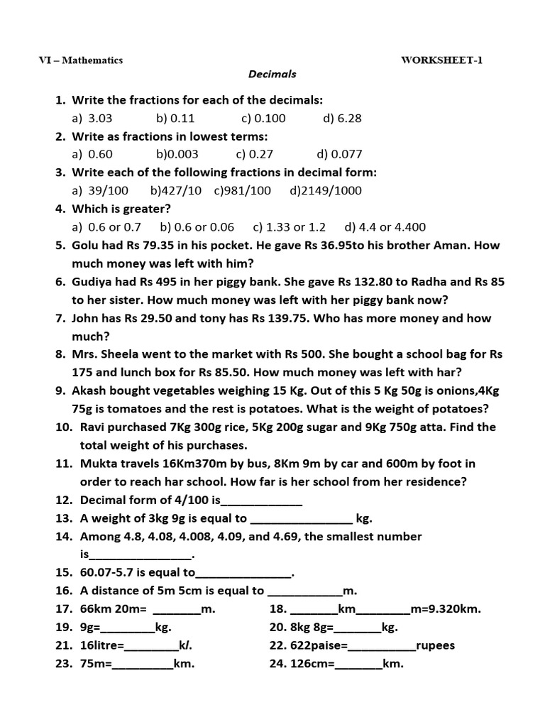 Class 5 Decimals Worksheet | PDF