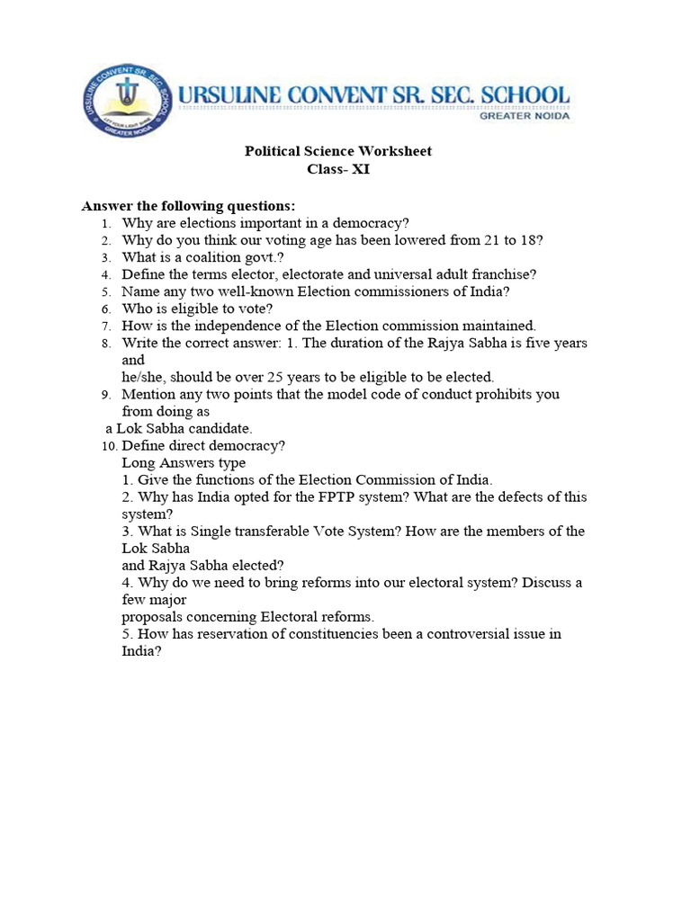 Political Science XI WORKSHEET | PDF