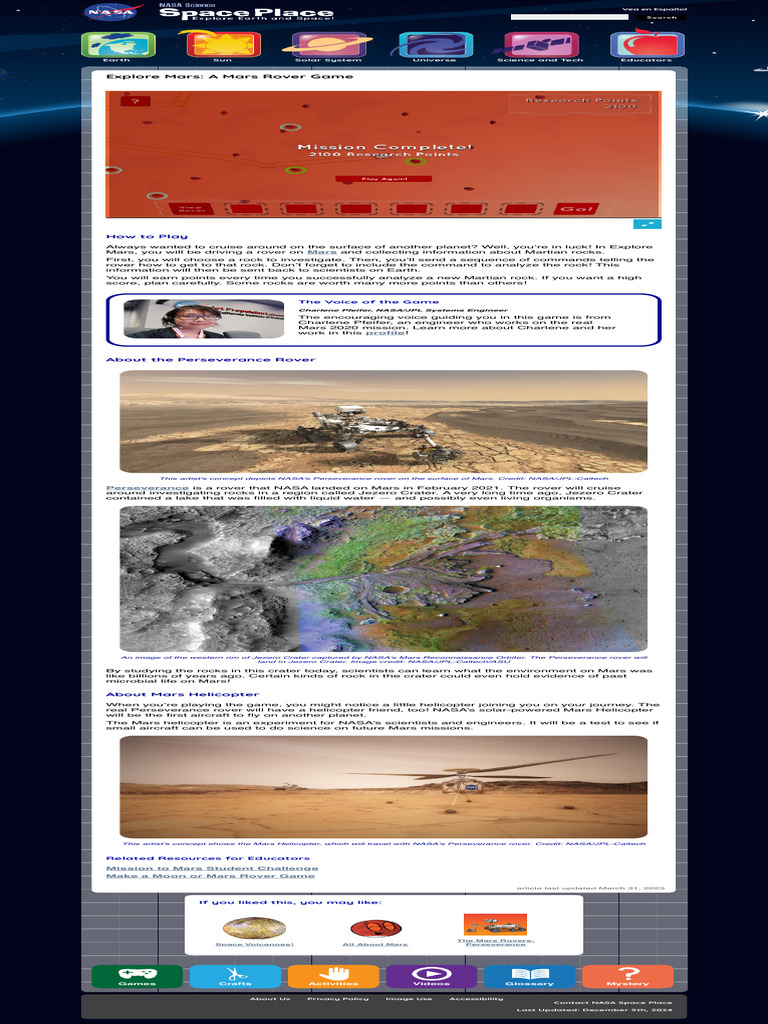 Explore Mars A Mars Rover Game NASA Space Place - NASA Science For Kids ...