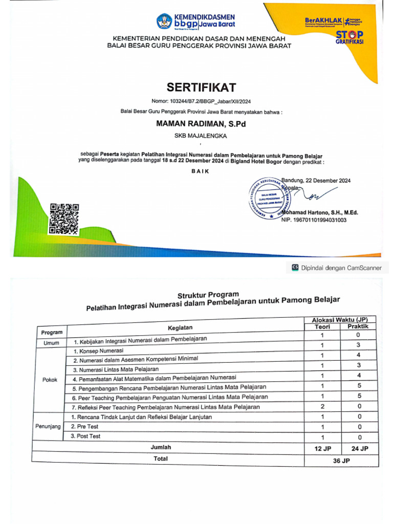 Sertifikat Pelatihan Numerasi Maman Radiman TGL 18 S.D 22 Des 2024 | PDF