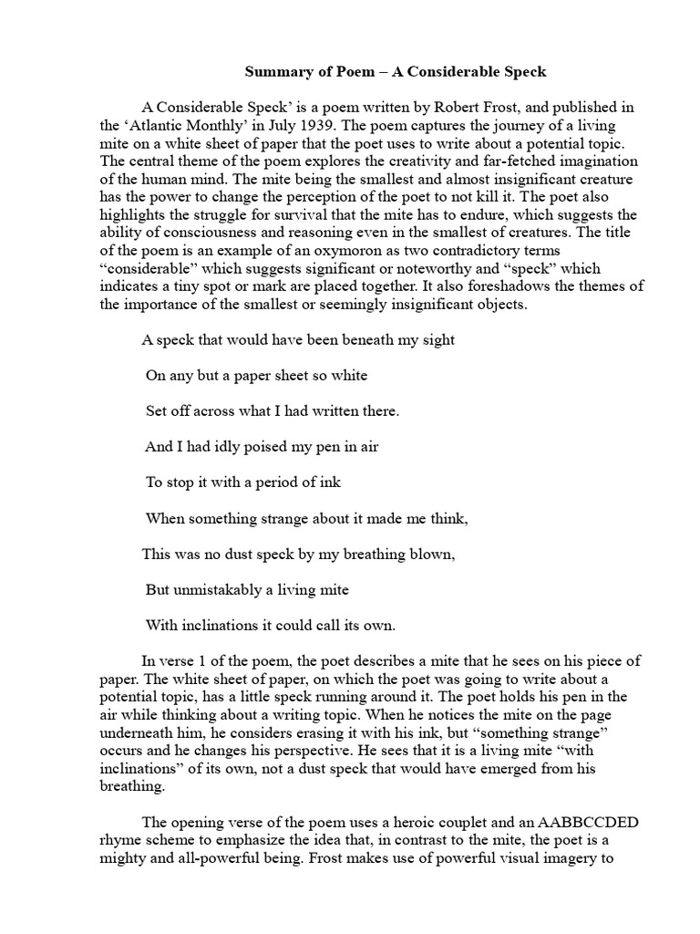 Summary of Poem - A Considerable Speck | PDF | Poetry | Mind