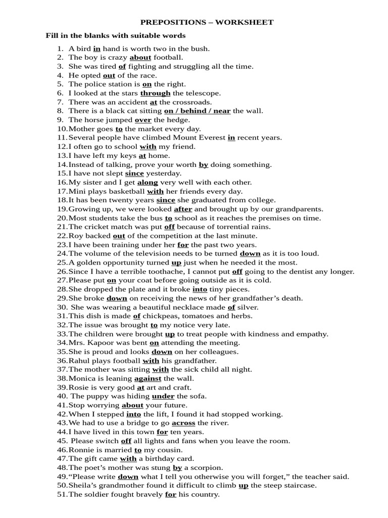 Prepositions - Answer Key | PDF