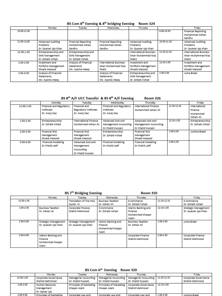 BS Com Evening Class Schedule | PDF | Business | Economies