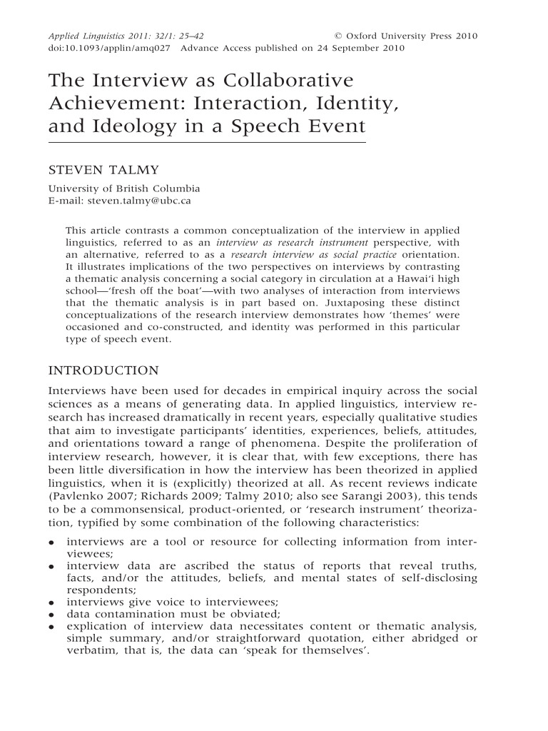 Talmy - Interview As Collaborative Achievement | PDF | Qualitative ...