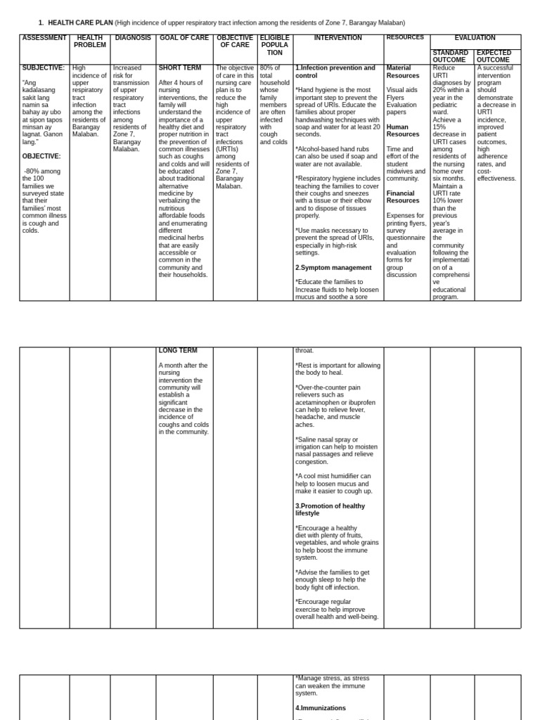 HEALTH CARE PLAN WD Apendix | PDF | Common Cold | Vaccination