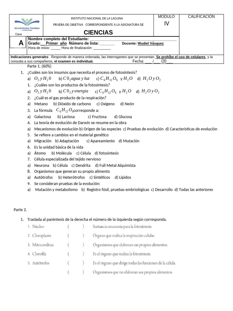 Examen m4 ciencias indel primer año | PDF | Evolución | Fotosíntesis