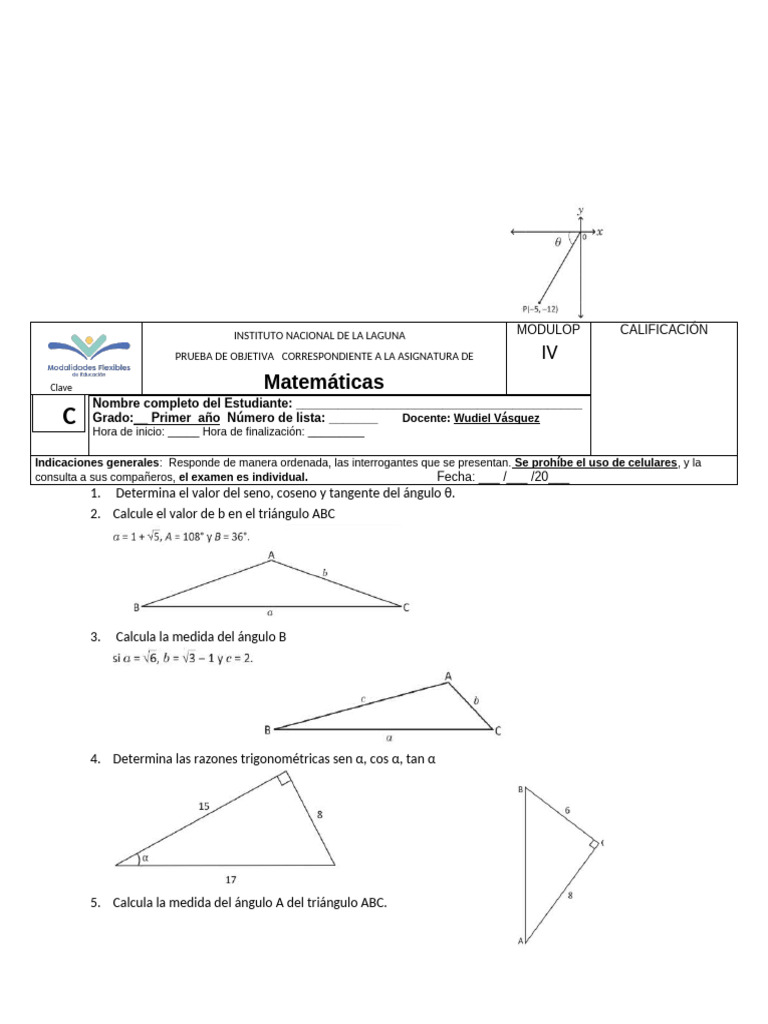 Examen m4 Math Indel Primer Año | PDF