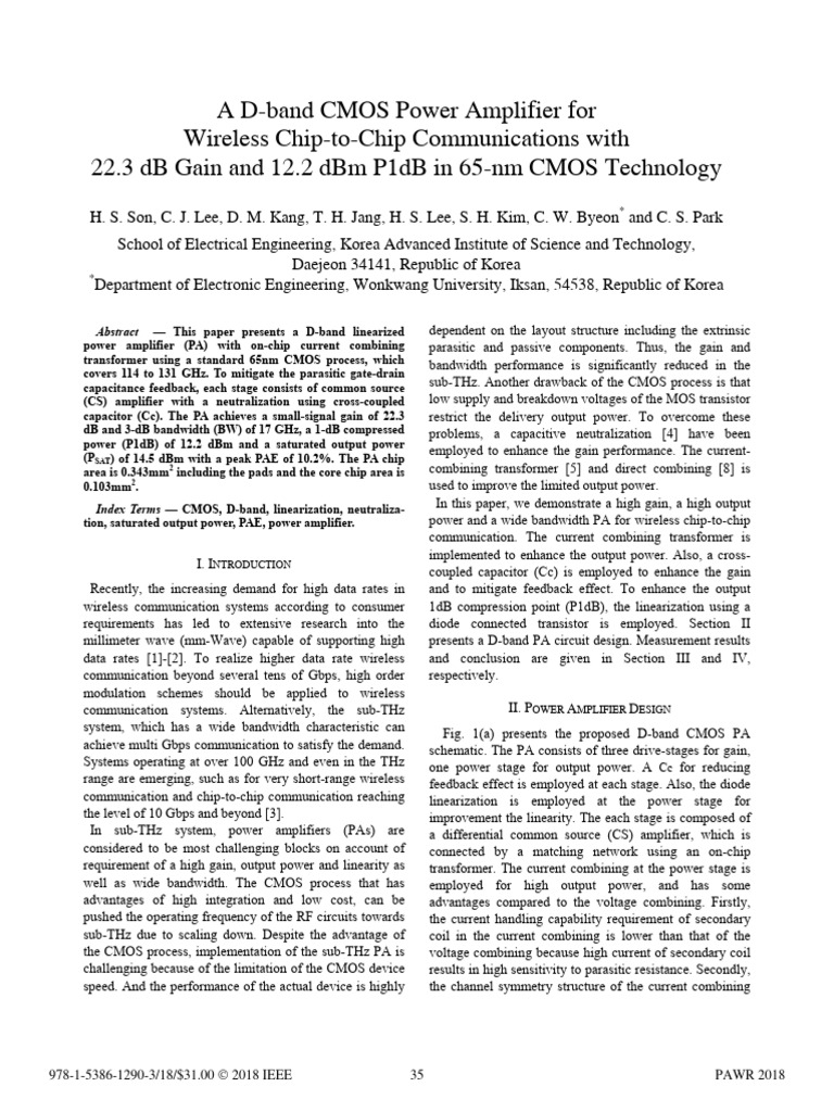 A D-Band CMOS Power Amplifier For Wireless Chip-To-Chip Communications With 22.3 DB Gain and 12. ...