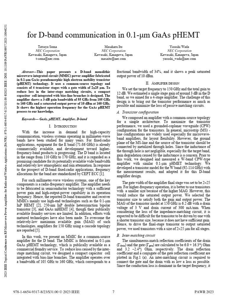 A 160-GHz 10-dBm Power Amplifier For D-Band Communication in 0.1-m GaAs pHEMT | PDF | Amplifier ...
