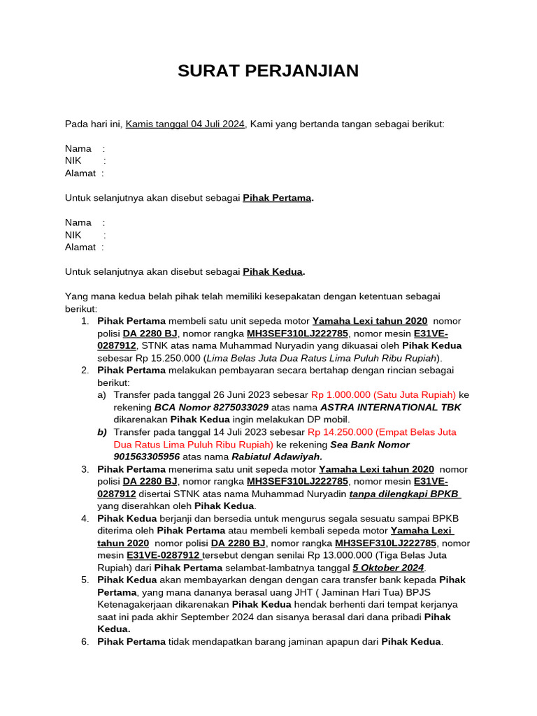 SURAT PERJANJIAN | PDF
