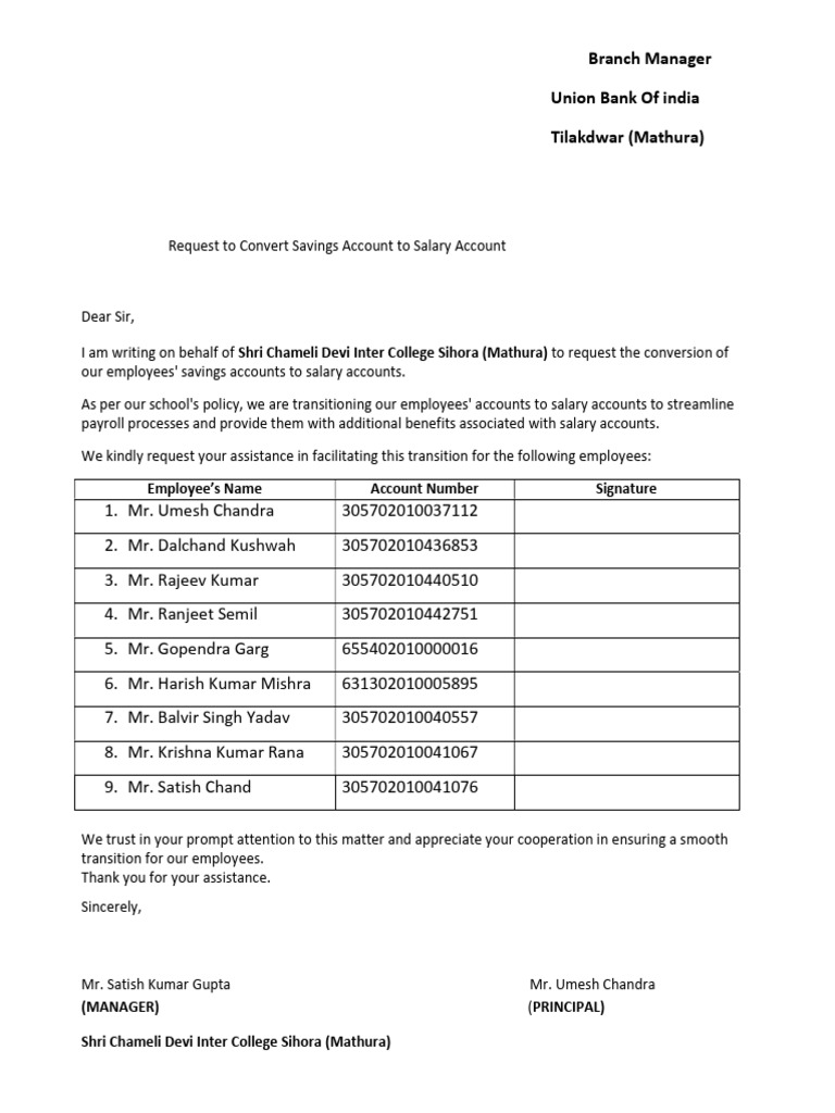 Salary Account Conversion Request | PDF