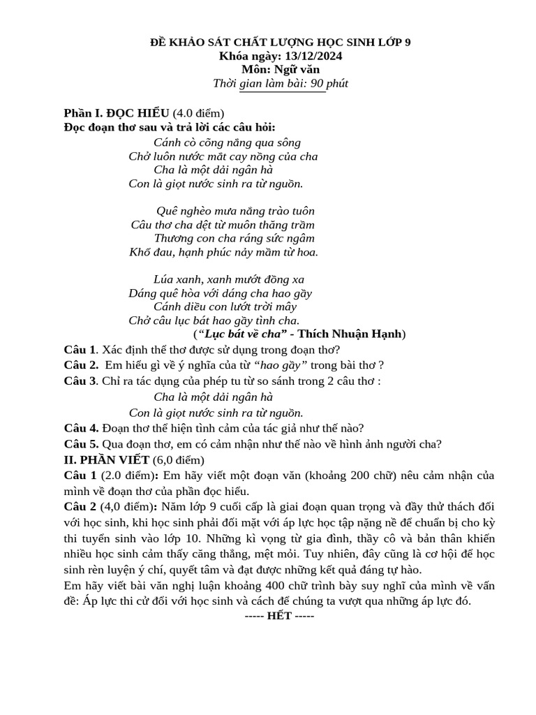 ĐỀ KSCL VĂN 9 | PDF