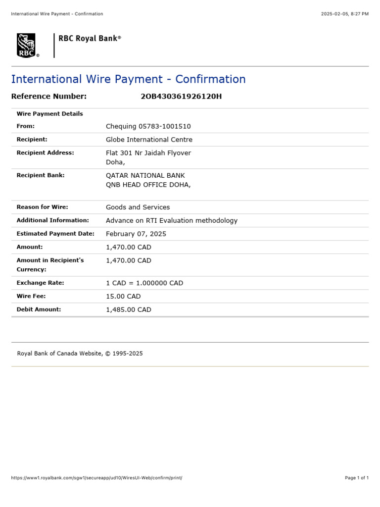 International Wire Payment Confirmation | PDF