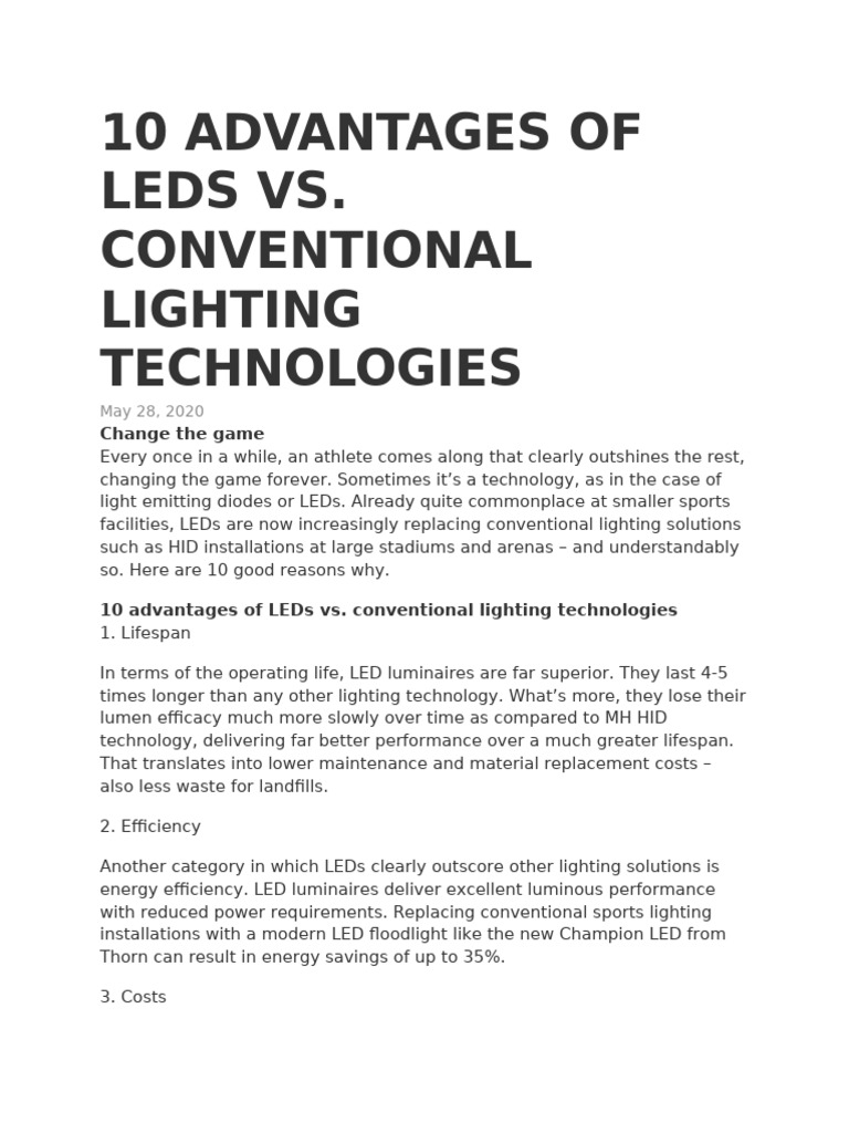 10 Advantages of LEDs Vs | PDF | Lighting | Light Emitting Diode