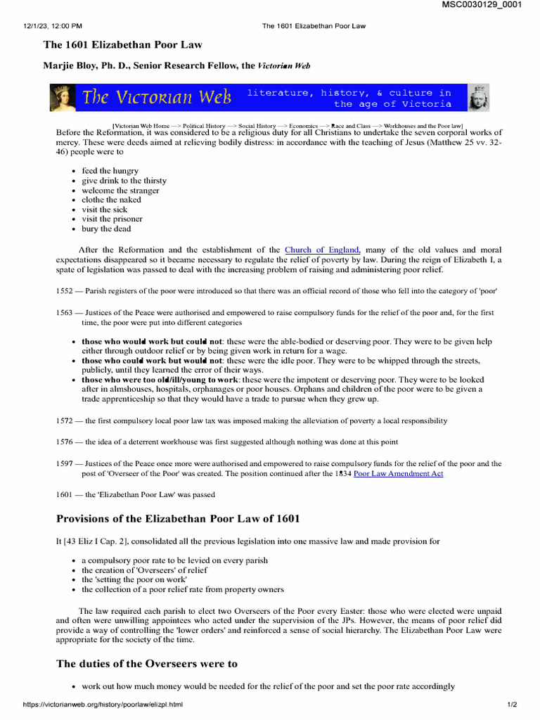 Overview of the 1601 Poor Law | PDF | Poverty | Poverty & Homelessness