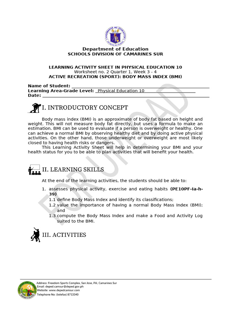 LAS2 - Week3-4 - PE10 - Q1 - Active Recreation (Sport) - Body Mass ...