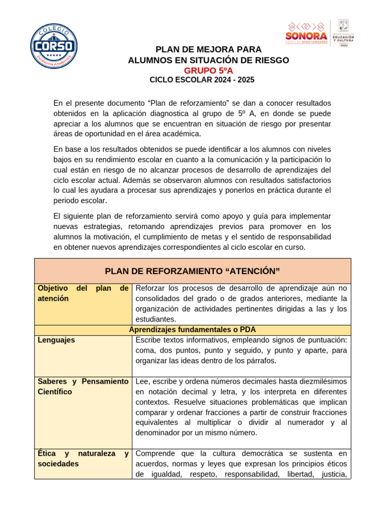 Plan de Reforzamiento 2024-2025 | PDF | Evaluación | Aprendizaje