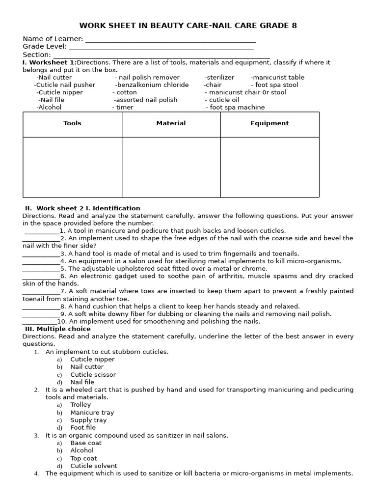 Work Sheet in Nail Care Grade 8 | PDF | Nail (Anatomy) | Foot