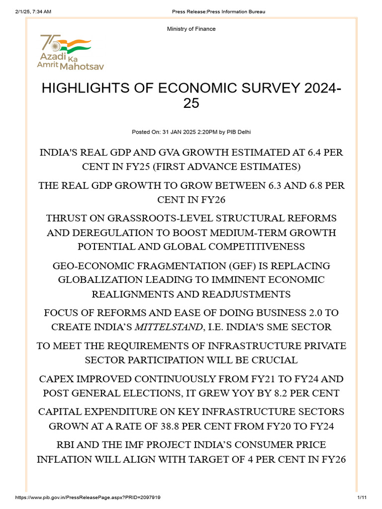 Economic Survey 2024-25 Highlights | PDF | Gross Domestic Product ...