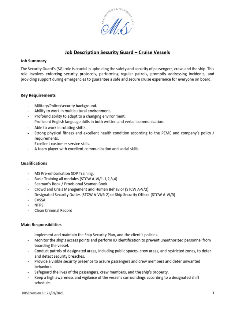 MS Cruises Job Description Security Guard | PDF | Security Guard ...