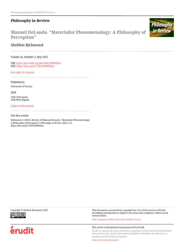 Manuel DeLanda Materialist Phenomenology A Philoso | PDF ...
