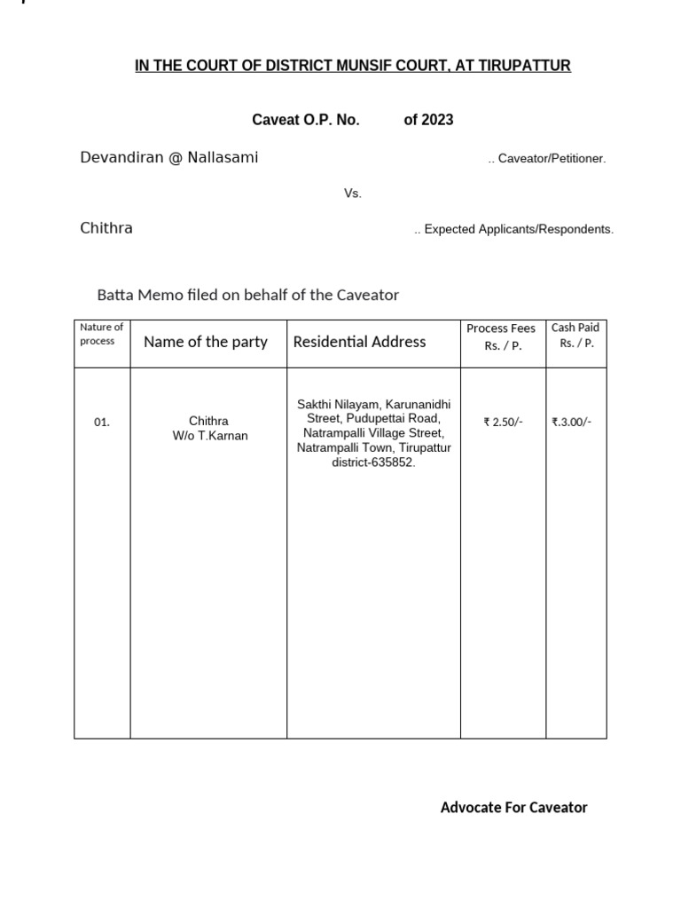 Batta Memo For Caveat | PDF