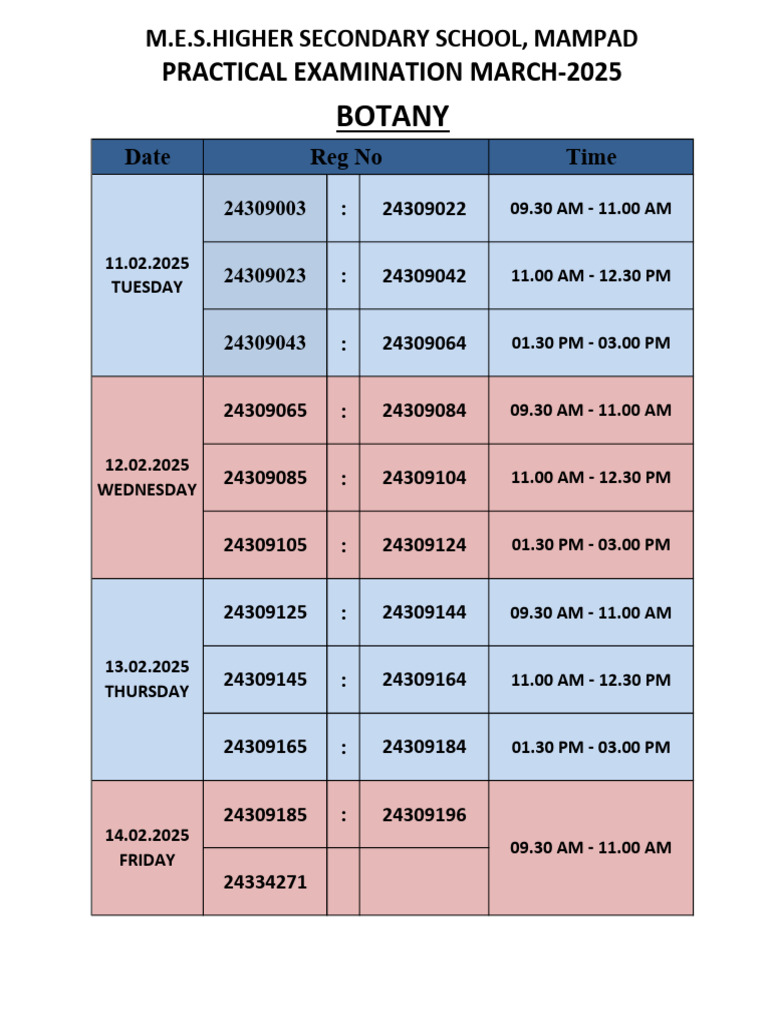 Botany Practical Exam Schedule 2025 | PDF