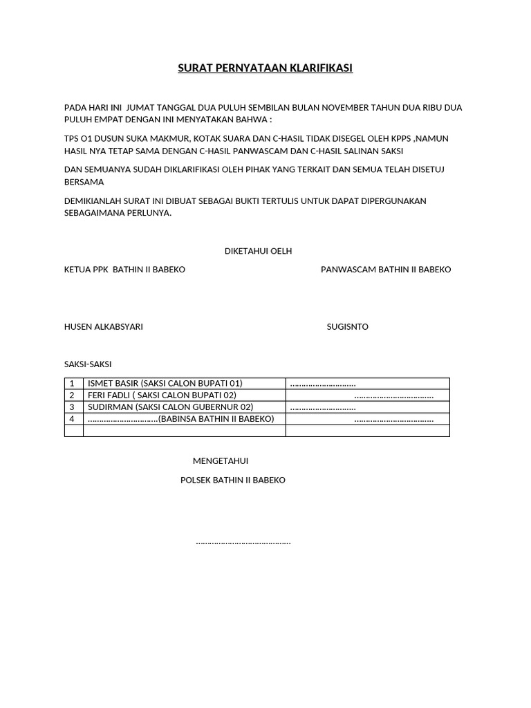 Surat Pernyataan Klarifikasi | PDF