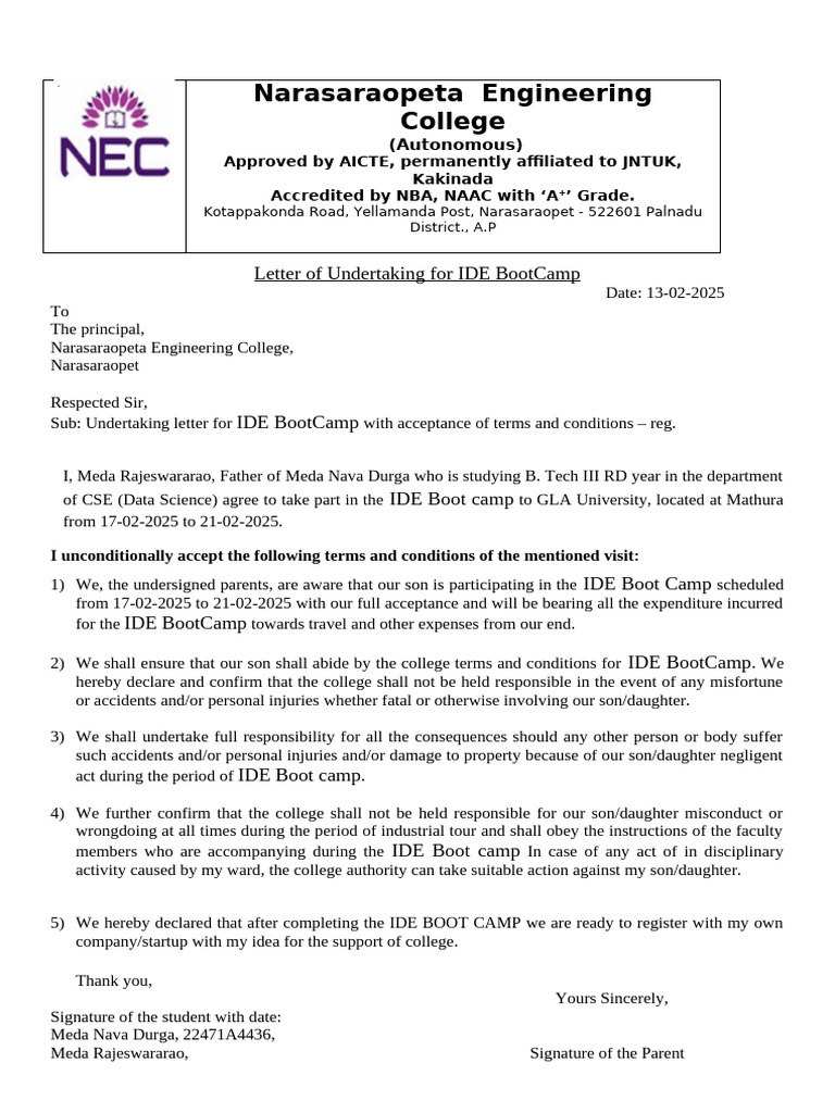 Parent undertaking form for Ideathon | PDF