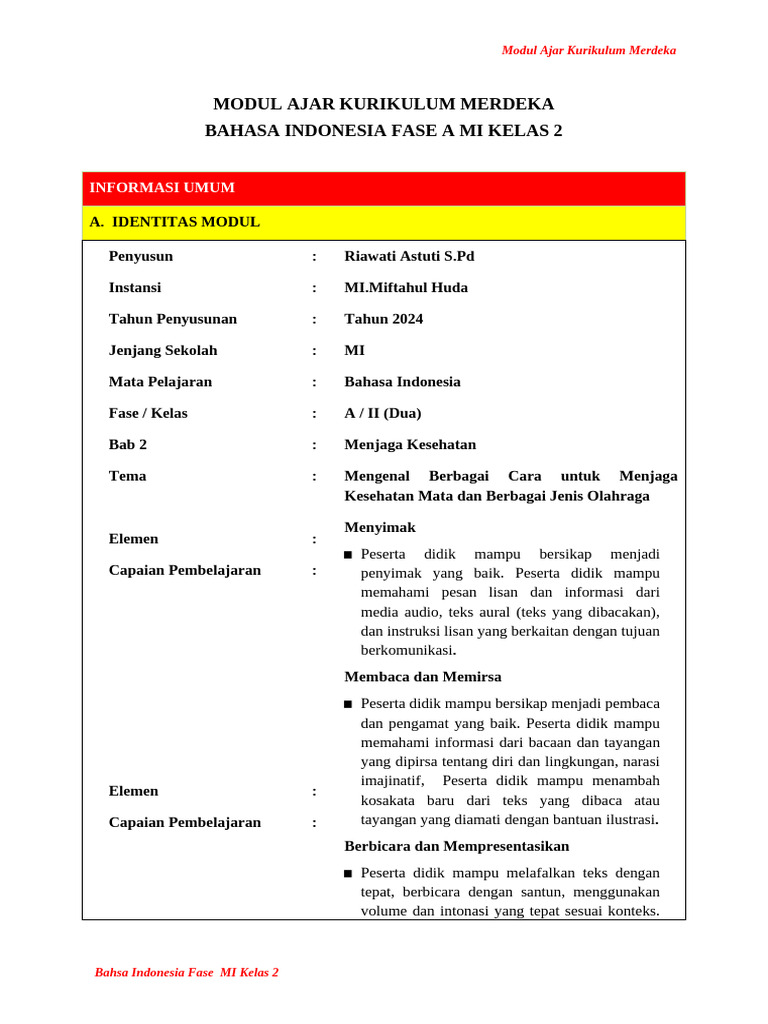 Modul Ajar Bhs Kls 2 | PDF