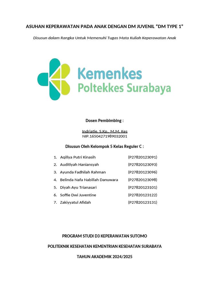 REG C_Kelompok 5_Asuhan Keperawatan Pada Anak dengan DM Type 1 | PDF