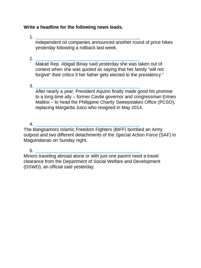 Headline Writing Activity | PDF