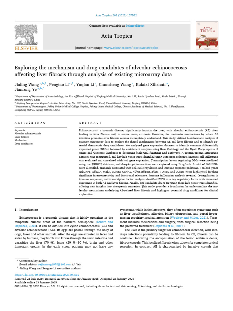 Acta Tropica: Jialing Wang, Pengtao Li, Yuqian Li, Chunsheng Wang, Kulaixi Xilizhati, Jianrong ...