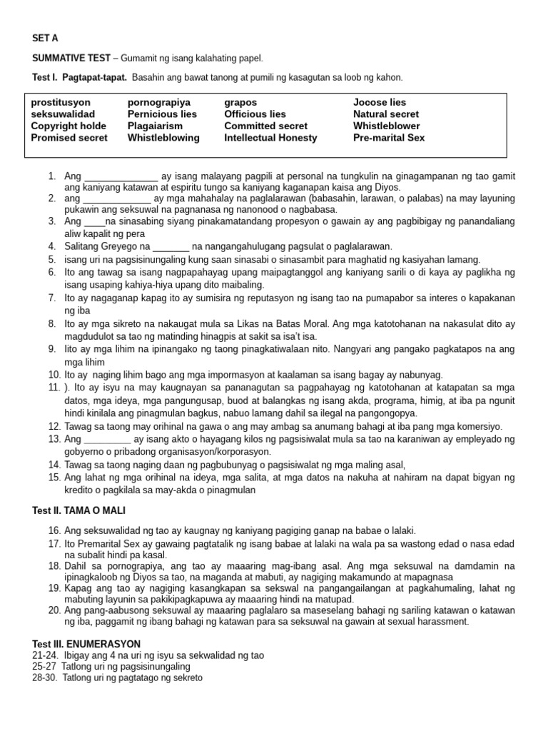Esp 10 4th Quarter Mastery Test SY 2023 - 2024 | PDF