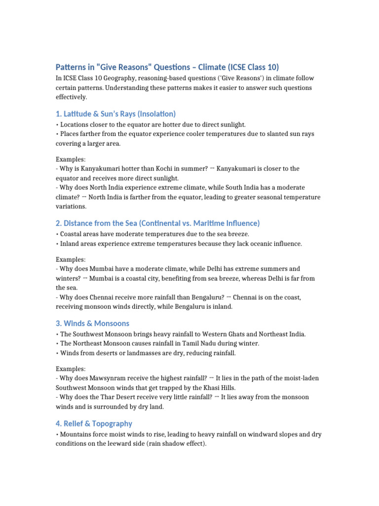 ICSE Climate Reasoning Patterns | PDF | Monsoon | Rain