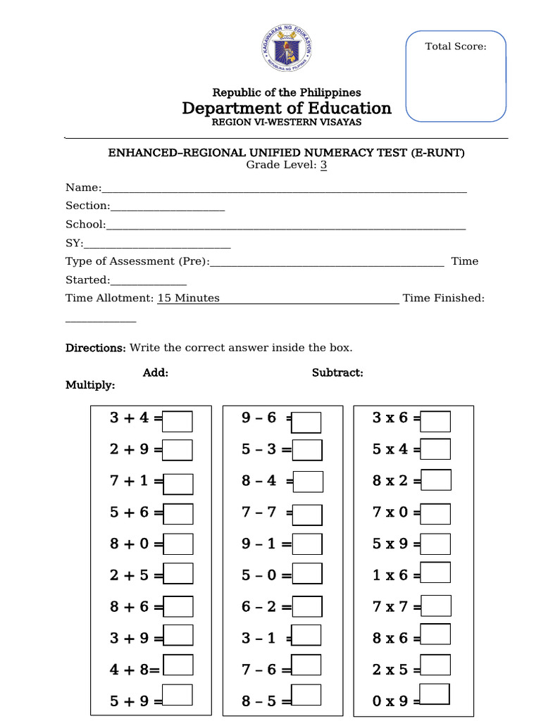 Grade 3 E-RUNT Pretest Form | PDF