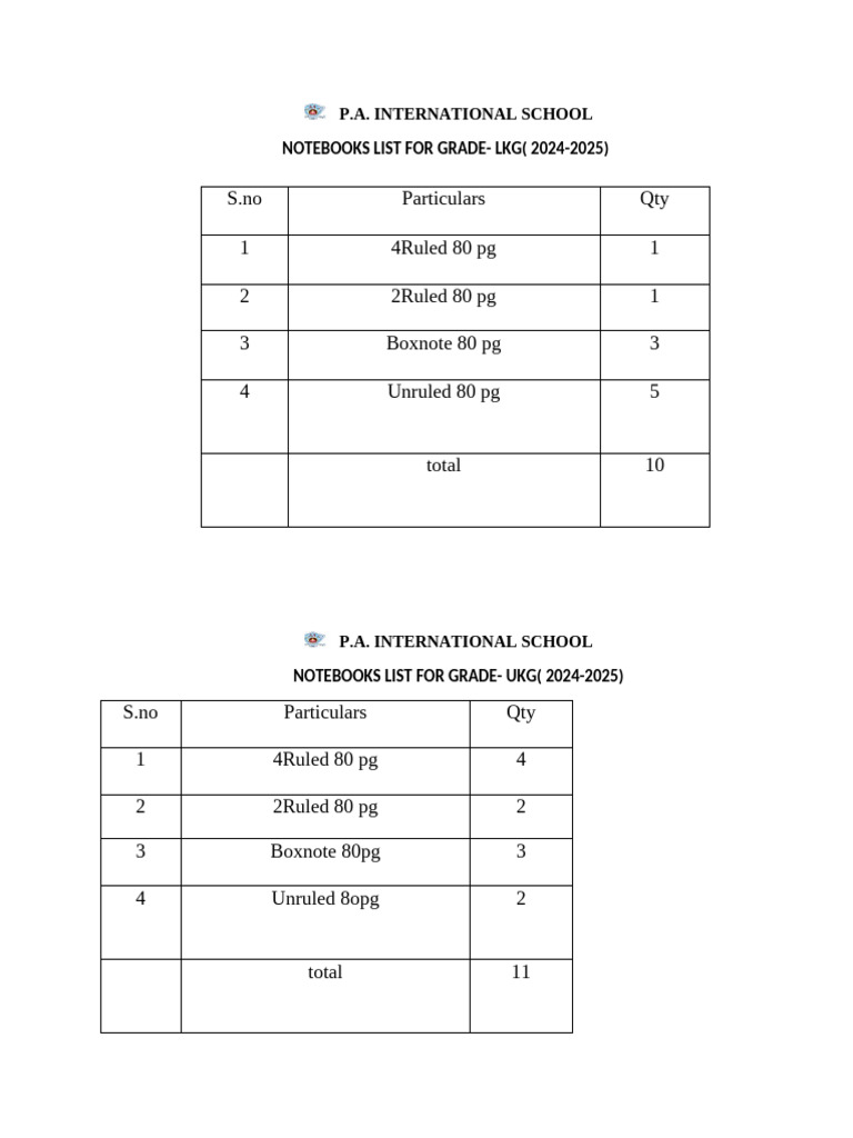 Notebooks List for Grades LKG-XII 2024-2025 | PDF
