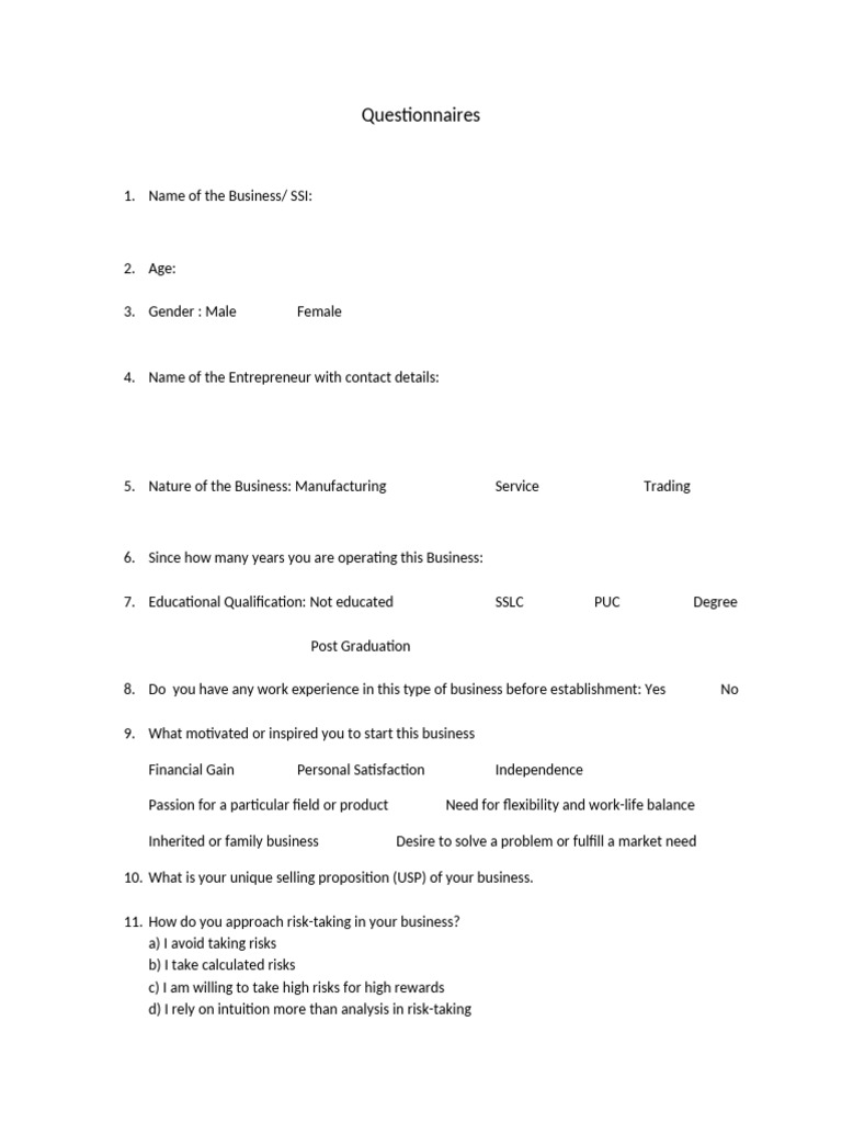 Questionaries of Small Business | PDF | Entrepreneurship | Leadership